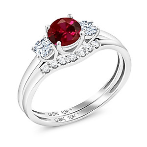 10K White Gold Red Created Ruby and White Created Sapphire and White Lab Grown Diamond 3-Stone Bridal Engagement Wedding Ring Set For Women (0.93 Cttw, Gemstone July Birthstone, Round 5MM, Size 6)