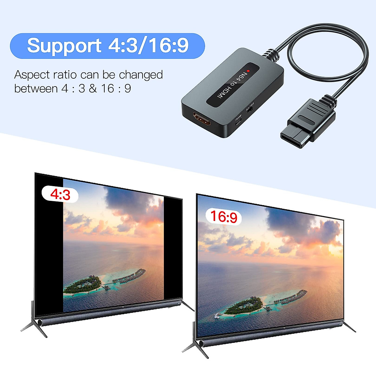 N64 to HDMI Converter, Supports 4 : 3/16 : 9 Ratio Switch, HDMI Cable for N64, Nintendo64 to HDMI Converter Cable Compatible with Nintendo 64/ Super SNES/NGC