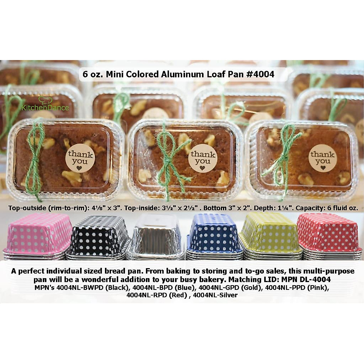 KitchenDance Disposable Aluminum Mini Loaf Pans with LIds - 6 Ounces Rectangular Individual Sized Loaf Pans, Oven Safe Aluminum Foil Baking Pans perfect for Cakes, Cobblers- #4004 (Red Polka Dot, 50)