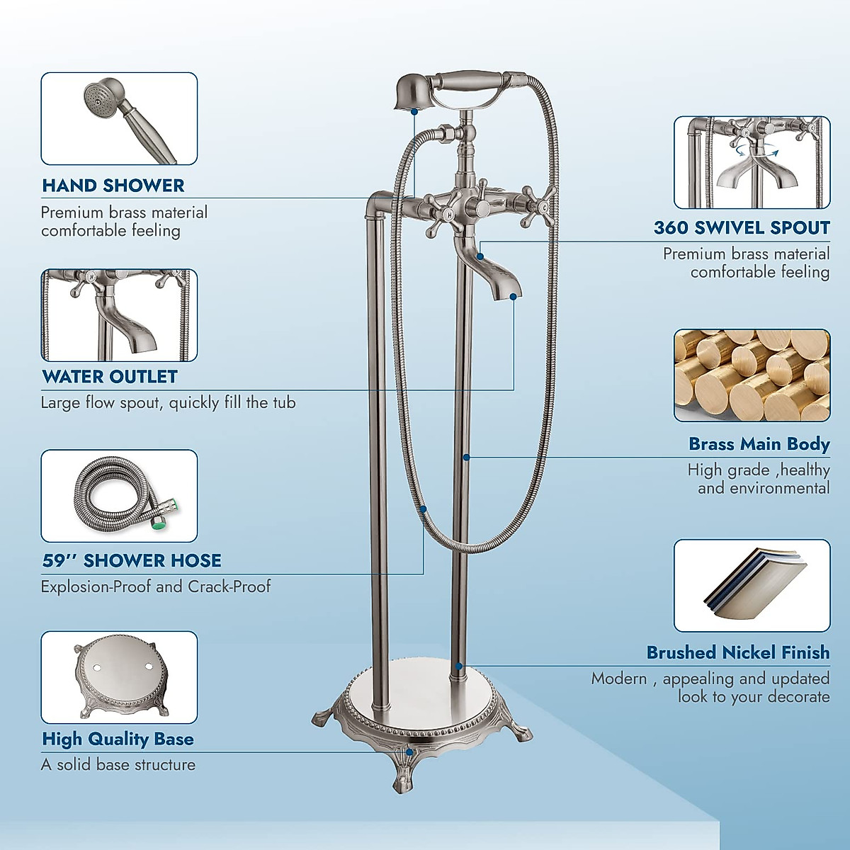 Cinwiny Pot Filler Wall Mount Kitchen Restaurant Sink Faucet Stainless Steel Stretchable Commercial with Brushed Nickel Free standing Bathtub Faucet Floor Mount Tub Filler Double Cross Knobs