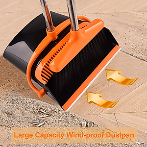 Broom and Dustpan Set - Upright Dustpan and Broom Combo Set - Self Cleaning with Dustpan Teeth Standing Dust Pan for Home Kitchen Easy Assembly, Orange