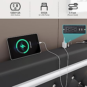 Forrise King Size LED Platform Bed Frame with Adjustable Headboard, Modern Bed Frame with Charging Station, Wooden Slats Support, Easy Assembly, No Box Spring Needed, Black