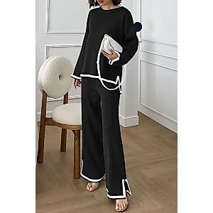 PRETTYGARDEN Women's 2 Piece Knit Sweater Set Casual Long Sleeve Pullover Wide Leg Pants Sweatsuit Tracksuit Outfit (Black,Medium)