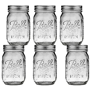 Regular Mouth Mason Jars 16 oz - (6 Pack) - Ball Regular Mouth Pint 16-Ounces Mason Jars With Airtight lids and Bands - For Canning, Fermenting, Pickling, Freezing, Storage + M.E.M Rubber Jar Opener