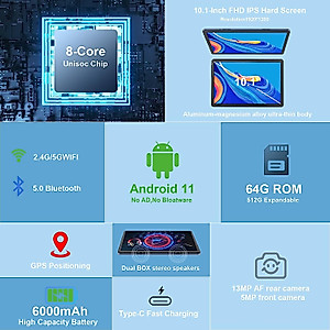 AWOW 2 in 1 Tablet, 10 inch Windows 11 Tablet, Octa-Core Processor 64GB ROM(TF 512GB), 1920x1200 IPS Touchscreen, Dual Camera, BT5.0, WiFi, Google Certified GPS Tablet PC