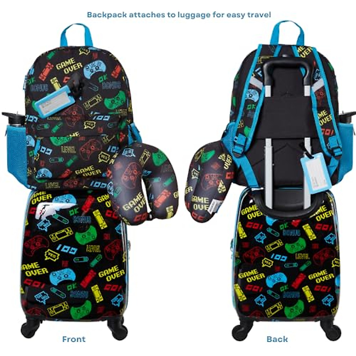 RALME 5 pc Boys’ Gaming Rolling Suitcase Set with Backpack, Neck Pillow, Water Bottle, and Luggage
