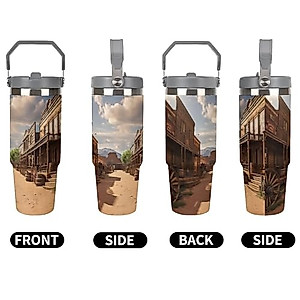 BWQJKUO Large Capacity Car Cup 30 Oz Stainless Steel Old Wild West Cowboy Town Printed Travel Mug Leak-proof Flip Straw Tumbler with Handle,keeps Cold Or Ho