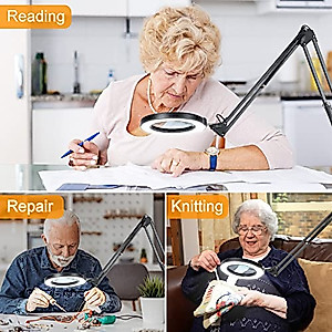 5X Large Magnifying Glass with Light and Stand, KRSTLV 2 x 16 Inch Swivel Arm LED Desk Lamp with Clamp, 5 Color Modes Stepless Dimmable Lighted Magnifier Hands Free for Close Work, Craft, Hobby, Black