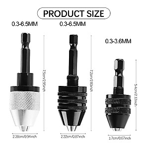 3PCS 1/4 Inch Hex Shank Keyless Drill Chuck, Quick Change Adapter Converter Impact Drills Bits, Electric Tool Accessories (0.3-3.6mm/0.3-6.5mm)