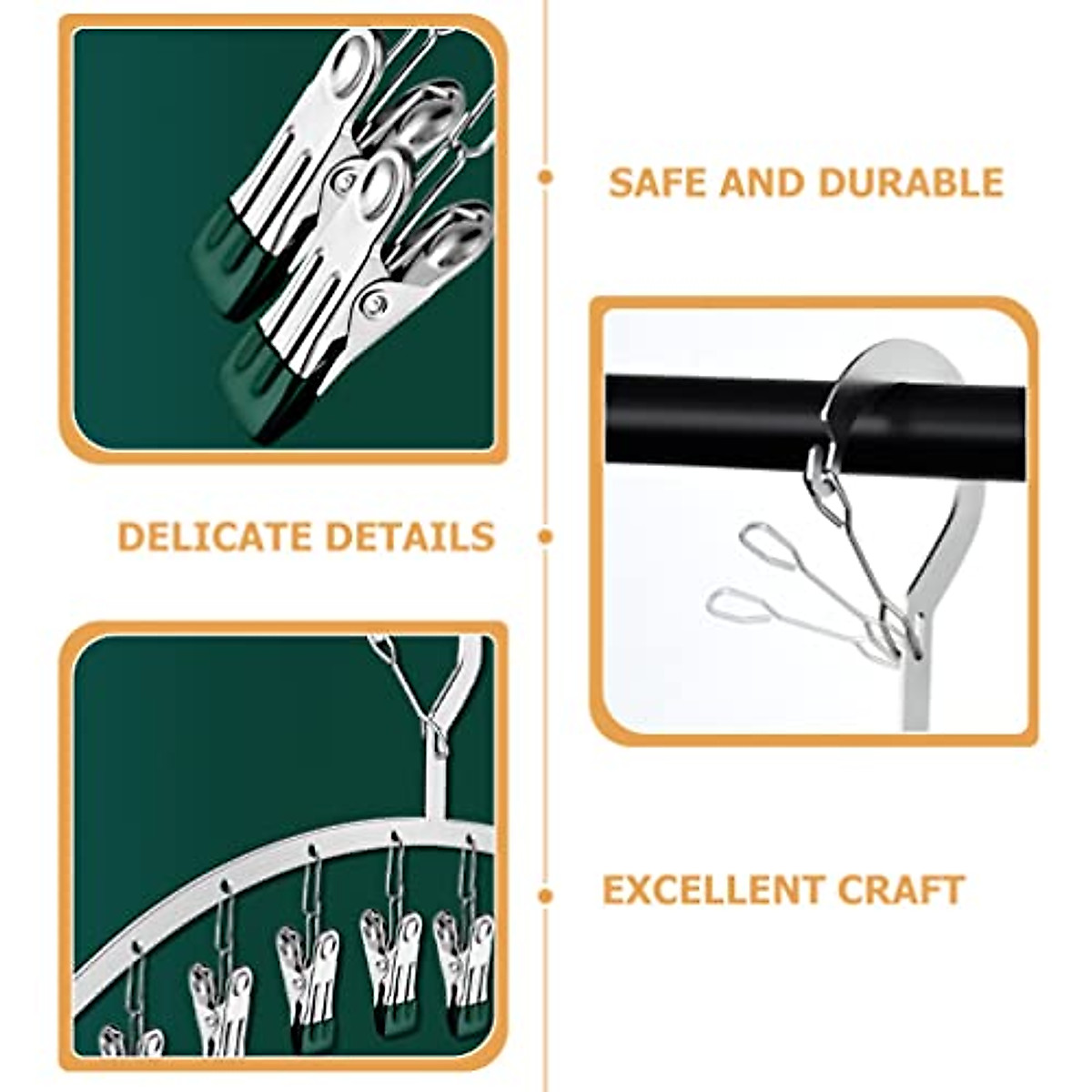 Alipis Metal Hangers Laundry Drying Rack Stainless Steel Sock Dryer Hanger with 10 Clips Windproof Underwear Drip Hangers for Baby Clothes Bras Hat Towels Diapers Hat Hanger(Hook Style Random)