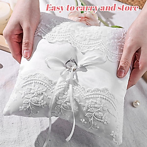 HONEYGIFTS Wedding Party Ring Pillow, 8x8in White Bearer Cushion Lace Pearl Wedding Ring Pillow with Embroider for Beach Wedding