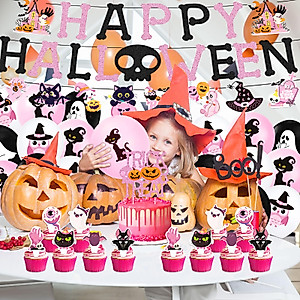 DPKOW Pink Halloween Party Decorations with Happy Halloween Banners, Cupcake Toppers and Balloons Pink and Black Halloween Decorations for Girls Kids Baby Shower Boo Day Birthday Party Supplies, 36Pcs