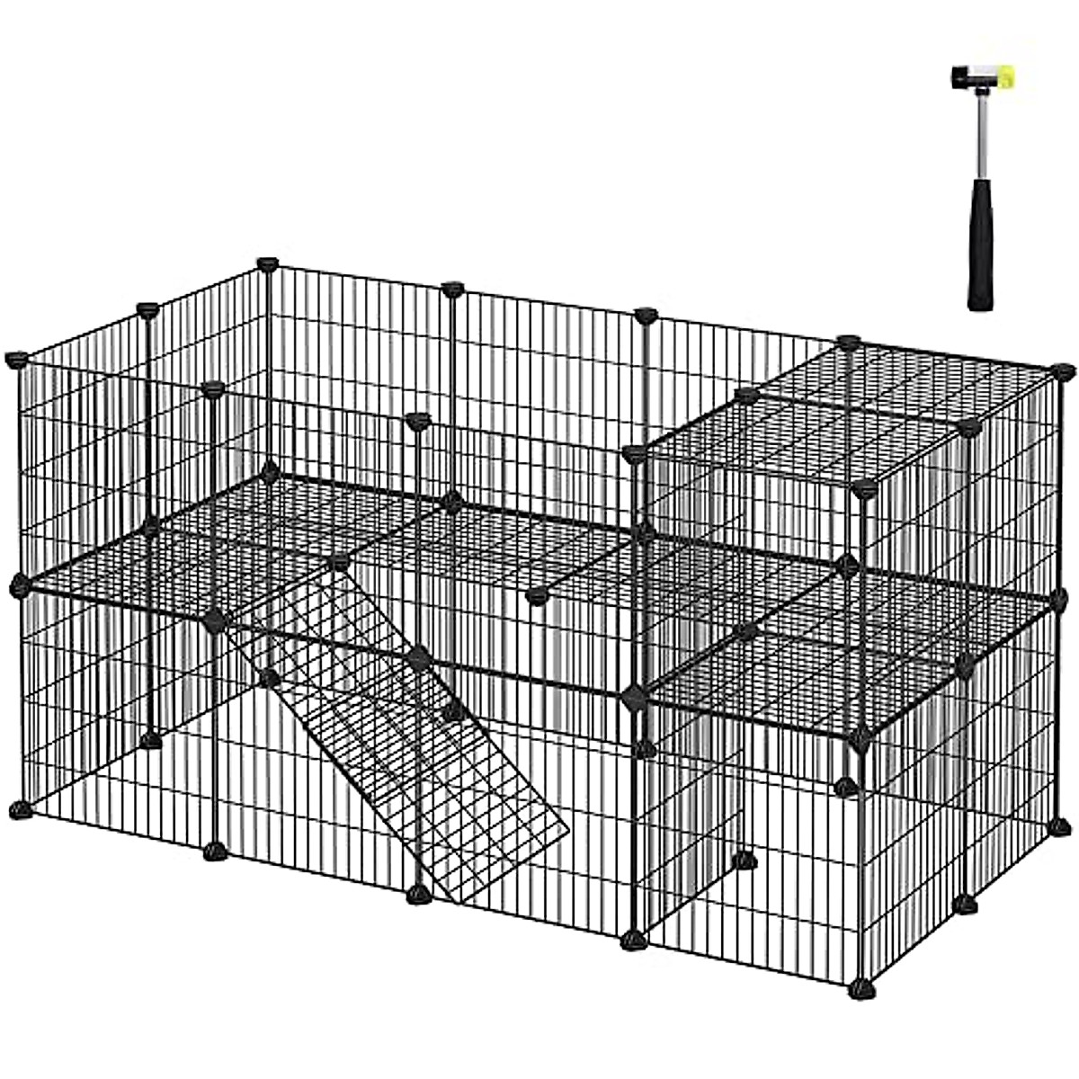 SONGMICS Pet Playpen, Small Animal Playpen, Rabbit Guinea Pig Cage, Zip Ties Included, Metal Wire Apartment-Style Two-Story Pet Premium Villa for Bunnies Puppies, Indoor Use, Black ULPI02H