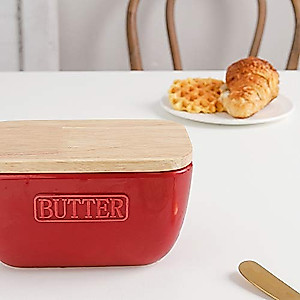 KOOV Porcelain Butter Dish with Lid for Countertop, Airtight Butter Container with Oak Lid, Butter Dishes with Covers, Butter Crock Boat-shaped Series (Red)
