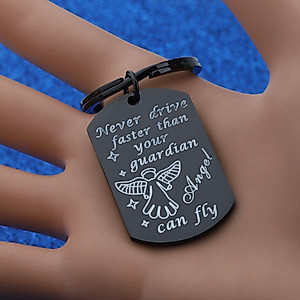 WUSUANED Never Drive Faster Than Your Guardian Angel Can Fly Keychain Bracelet New Driver Gift Sweet 16 Gift (guardian angel keychain black)