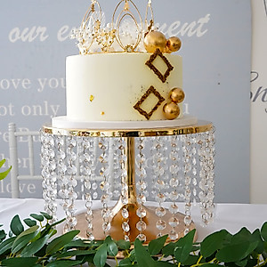 LANLONG Cake Stand for Dessert Table 12 Inch Gold Crystal Pendants Metal Cake Stand Serves as A Round Dessert Cupcake Display Plate for Table, Wedding, Party, Event