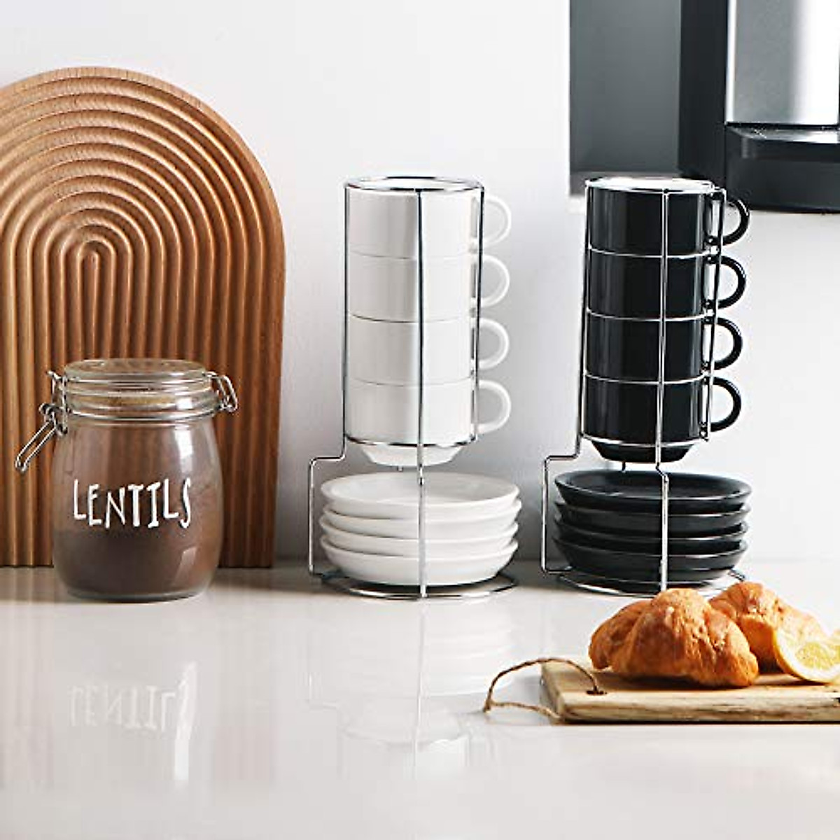 SWEEJAR Porcelain Espresso Cups with Saucers, 4 Ounce Stackable Cappuccino Cups with Metal Stand for Coffee Drinks, Latte, Tea - Set of 4 (Black)