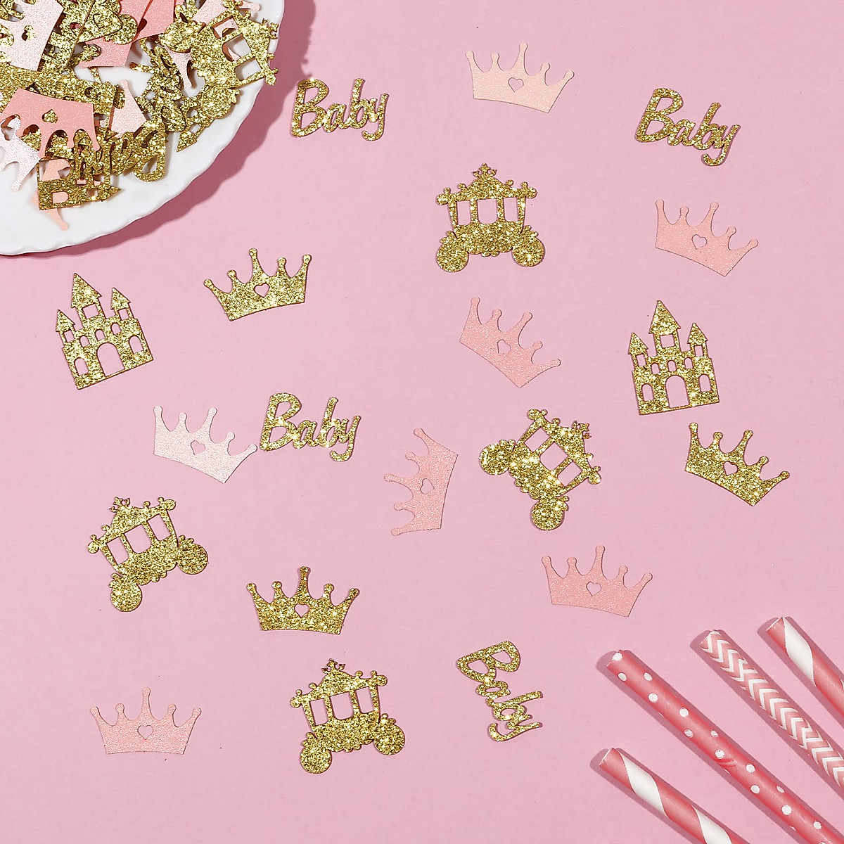 200pcs Princess Baby Shower Confetti - Pink and Gold Princess Baby Shower Decorations for Girl, Glitter Crown, Carriage, Castle Confetti, Baby Princess Table Scatter for Gender Reveal