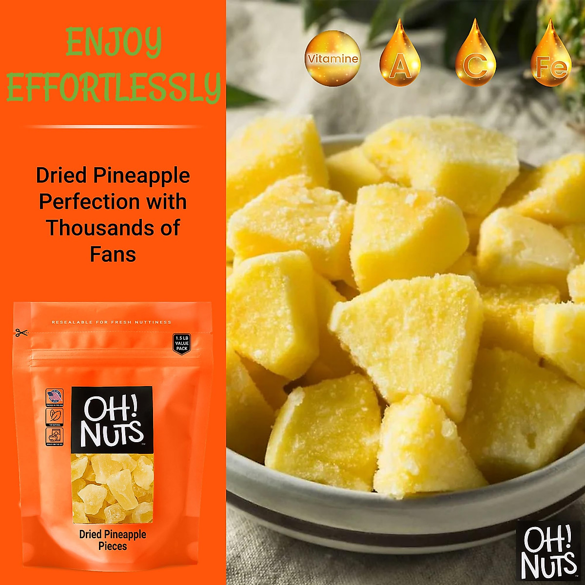 Oh! Nuts Dried Pineapple Chunks - 1.5lb Bulk Bag | Fresh Sweet Dehydrated Tropical Fruit Bites for Snacking & Baking | Low in Sugar, Sodium & Cholesterol | High in Fiber & Antioxidants, Dairy Free…