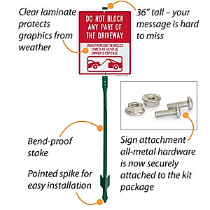 SmartSign 12" x 10" 'Do Not Block Any Part Of The Driveway Unauthorized Vehicles Towed' LawnBoss Yard Sign with 3 ft Stake, 40 mil Laminated Aluminum, Red and White, Set of 1, USA-Made