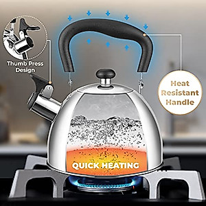 Tea Kettle for Stove Top - HIHUOS 2.2QT Whistling Teapot for Stovetop with Universal Base - Food Grade Stainless Steel Tea Pots for Stove Top - Mirror Sleek Teakettle with Cool Grip Bakelite Handle