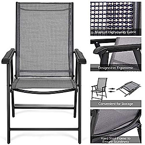 Giantex Set of 4 Patio Chairs, Outdoor Folding Chairs, Portable Dining Chairs for Garden Camping Poolside Beach Deck, Lawn Chairs with Armrest, 4-Pack Sling Chairs, Metal Frame, Grey