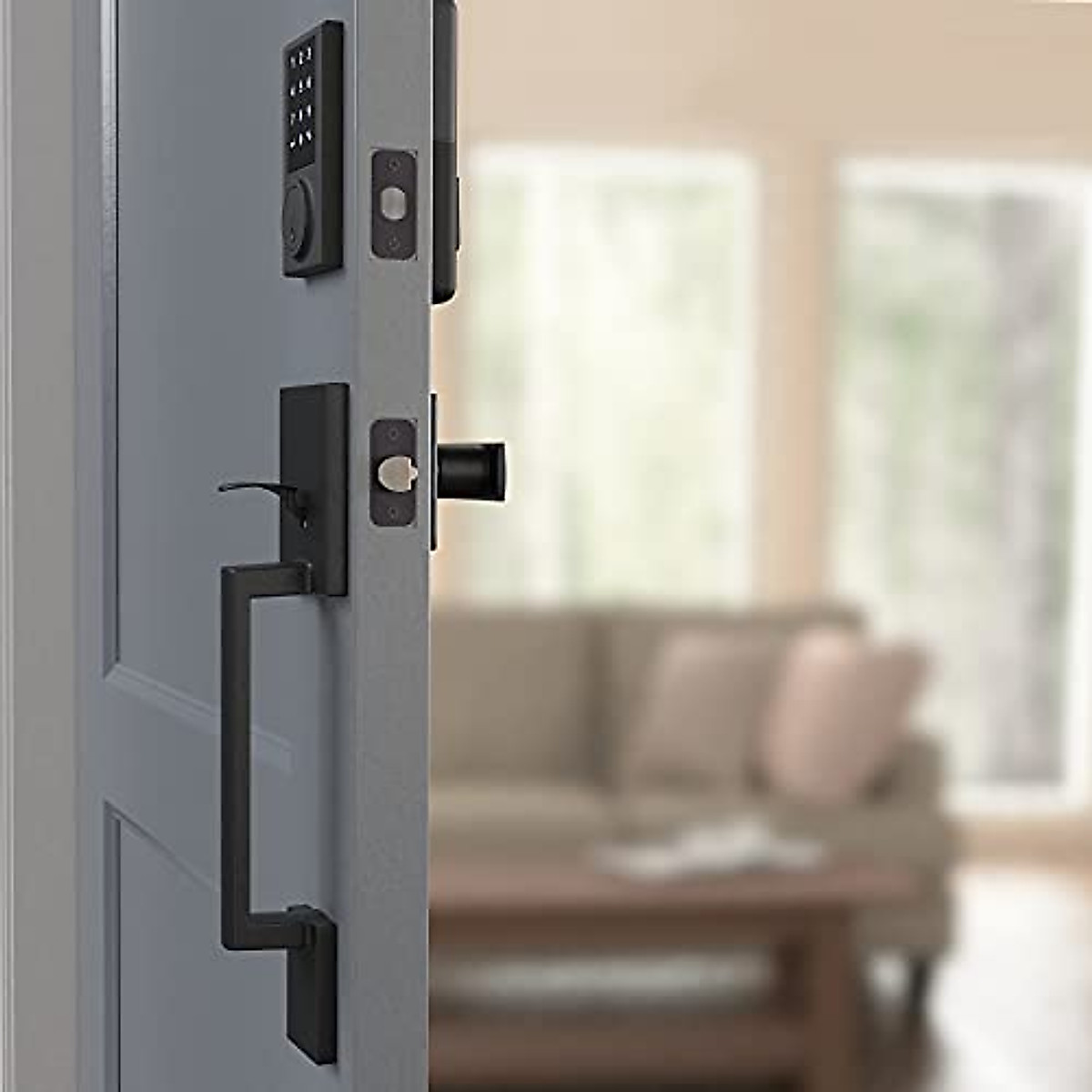 Amazon Basics Grade 3 Electronic Touchscreen Deadbolt Door Keypad Lock With Handleset, Matte Black, 133mm H Uppper x 294.5mmL lower