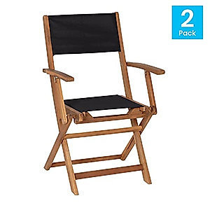 Merrick Lane Stora Set of 2 Indoor/Outdoor Acacia Wood Folding Patio Bistro Armchairs with Black Textilene Mesh Back and Seat, Natural