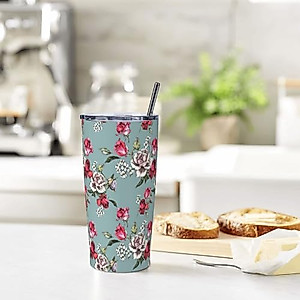 20oz Tumbler Splendid Roses Flower Double Wall Vacuum Insulated Coffee Mug with Lid and Metal Straw Brush Reusable Stainless Steel Water Bottle Travel Cup Gifts for Car Ice Drinks Hot Beverage