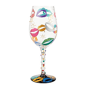 Enesco Designs by Lolita Made for Kissing Hand-Painted Artisan Wine Glass, 15 Ounce, Multicolor