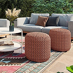 Pemberly Row Round Pouf Ottoman, Small Hand Knitted Hassock Footrest for Living Room, Cotton Woven Bean Bag Foot Stool for Couch, Orange Cloth Puff Chair for Floor, 18"x18"x18"