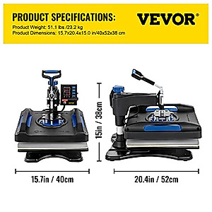 VEVOR Heat Press Machine, 15 x 15 Inches, Fast Heating, 360 Swing Away Digital Sublimation T-Shirt Vinyl Transfer Printer with Anti-Scald Surface, Canvas Bag, Pillow, Banner, ETL Listed, Blue