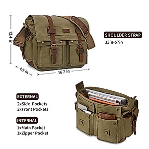 Kattee Military Messenger Bag Canvas Leather Shoulder Bag Fits 15.6 Inch Laptop (Army Green)