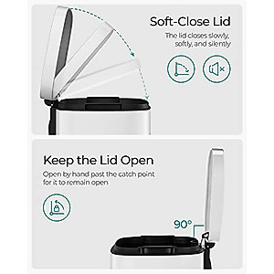 SONGMICS 8-Gallon Trash Can, Stainless Steel, with Hinged Lid, Plastic Inner Bucket, Soft Closure, Odor Proof, Hygienic, White