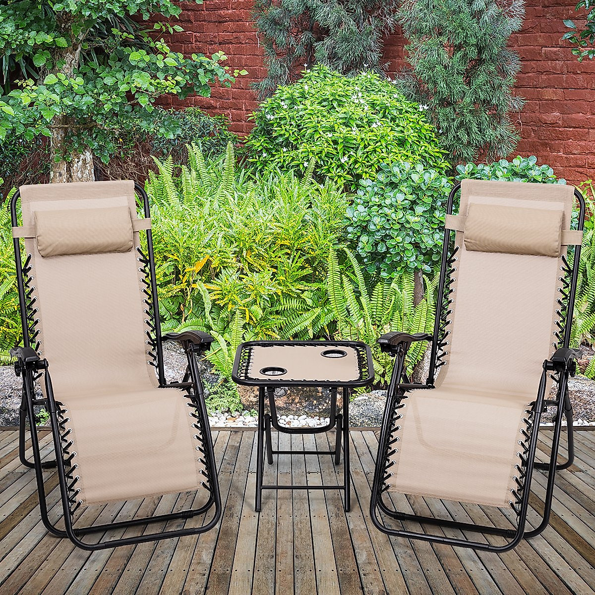 Giantex 3 PCS Zero Gravity Chair Patio Chaise Lounge Chairs Outdoor Yard Pool Recliner Folding Lounge Table Chair Set Backyard Lounge Chairs (Beige)