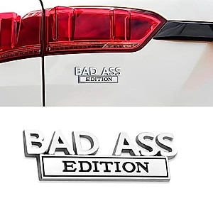 Hawyet 1 PC Car Fender Badge Sticker, 3.93" x 1.33" Bad Ass Edition Zinc Alloy 3D Engine Hood Decal, Universal Body Decoration Modification Accessory, Suitable for Most Car Models (Silver & Black)