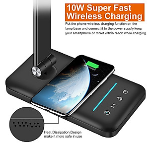 AFROG Multifunctional LED Desk Lamp with 10W Fast Wireless Charger, USB Charging Port, 5 Lighting Modes,7 Brightness Levels, 40 min Timer, Night Light Function,Eye-Caring Office Lamp, 5000K,8W,Black