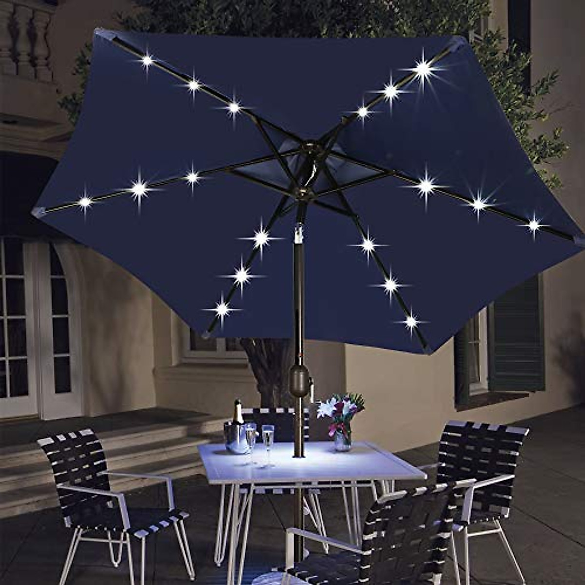 Blissun 7.5 ft Solar Umbrella 18 LED Lighted Patio Umbrella Table Market Umbrella with Tilt and Crank Outdoor Umbrella for Garden, Deck, Backyard, Pool and Beach (Navy Blue)