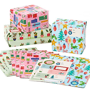 Hallmark Cute Christmas Flat Wrapping Paper Sheets with Cutlines on Reverse (12 Folded Sheets with Sticker Gift Tags) Pink, Mint Green, Plants, Cactus, Presents, Ornaments