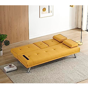 Anwick Modern Leather Futon Sofa Bed,Convertible Folding Couch Recliner Sleeper Loveseat for Small Space,Apartment,Office,Dorm,with Cup Holders and Removable Armrest (Yellow)
