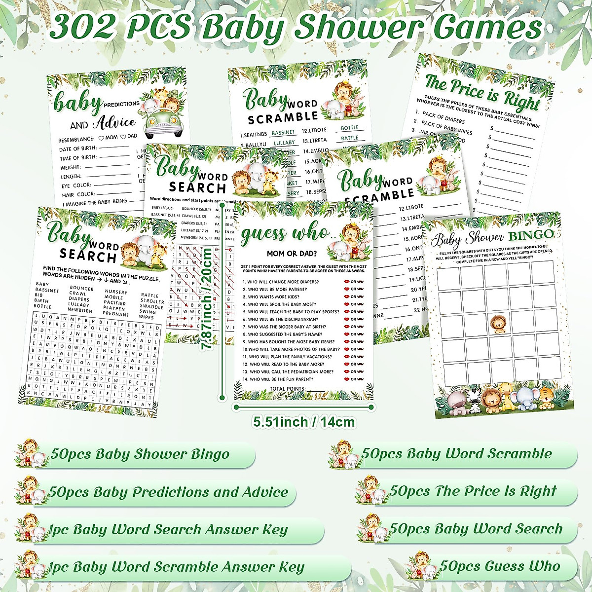 Jetec 302 Pcs Safari Animal Theme Baby Shower Games, 6 Games, 50 Sheets Each, Baby Shower Bingo, Baby Word Scramble, Baby Word Search, Baby Predictions and Advice, The Price is Right, Guess Who