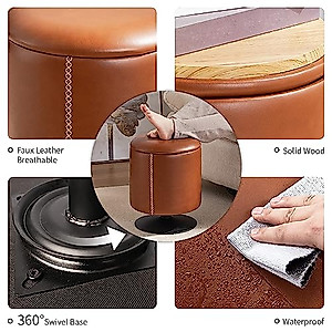 HeuGah Storage Ottoman with Storage for Living Room,Faux Leather Round Ottoman Coffee Table and Ottoman Foot Rest with Metal Rotatable Chassis (Brown)