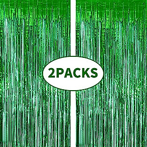 2 Pack Green Foil Curtains 3.2 ft x 8.2 ft Metallic Tinsel Fringe Backdrops Photo Booth Props for Birthday Wedding Christmas Bridal Shower Bachelorette Holiday Party
