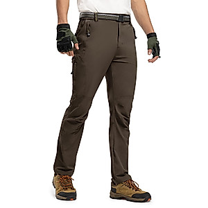 TBMPOY Men's Lightweight Hiking Pants with Belt 5 Zip Pockets Waterproof Quick-Dry Travel Fishing Work Outdoor Pants Thin Brown M