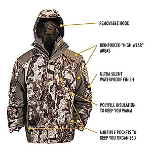 HOT SHOT Men’s 3-in-1 Insulated Veil-Cervidae Camo Hunting Parka, Waterproof, Removable Hood, Year Round Versatility, Large
