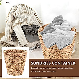 Rattan Basket Woven Waste Basket Round Trash Can Decorative Garbage Waste Bin Rubbish Container Laundry Cloth Storage Basket Organizer for Bedroom Home Living Room Bathroom Woven Basket