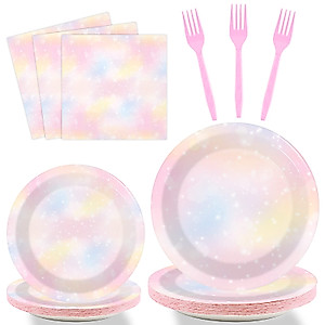 Tevxj 96PCS Pastel Rainbow Tableware Set Rainbow Birthday Dinnerware Disposable Plates Rainbow Cloud Party Plates Napkins Forks for Birthday Baby Shower Weddings Party Decorations Supplies 24 guests