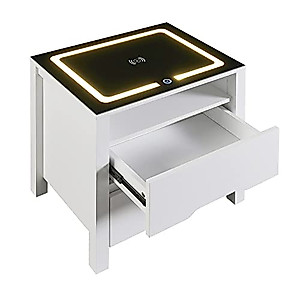 Modern Nightstands with Wireless Charging and Adjustable LED, Wooden End Side Table with 2 Storage Drawers and Open Shelf, Bedside Table for Bedroom Living Room Office, White