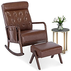 GEEVIVO Rocking Chair Nursery, Glider Rocker with Ottoman High Backrest Recliner Chair Upholstered Fabric Lounge Chairs for Baby and Mom Modern Rocking Armchair Indoor for Living Room Bedroom(Brown)