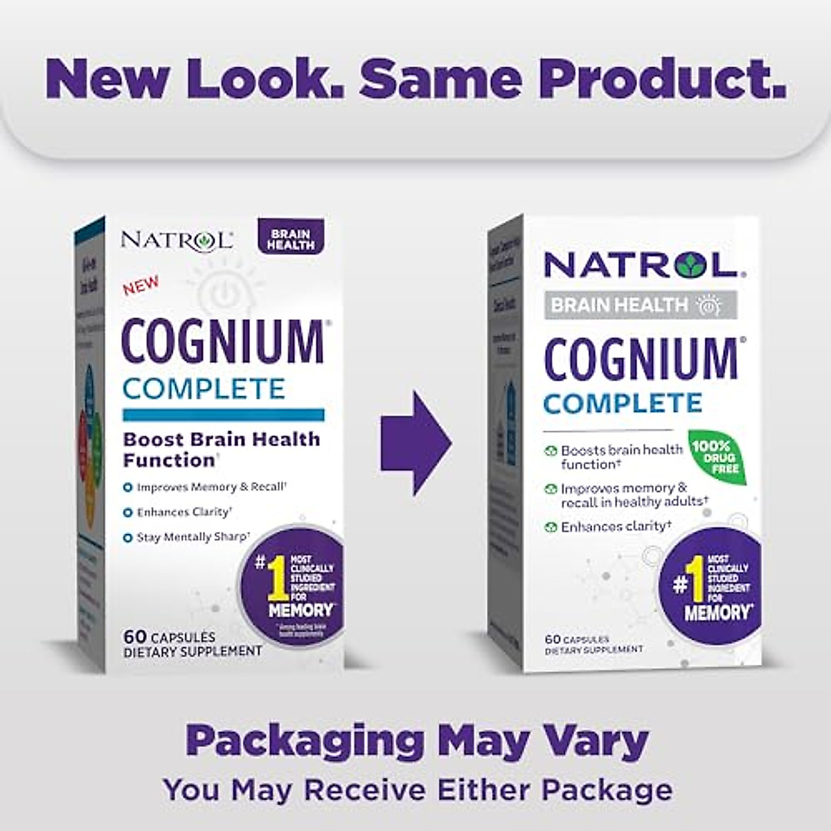 Natrol Cognium Complete, Dietary Supplement for Brain Health, Brain Health Supplements for Adults, 60 Capsules, 30 Day Supply